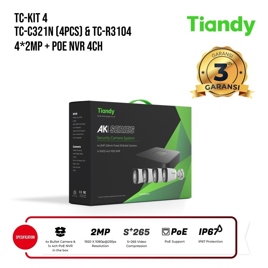 Jual CCTV TIANDY TC-KIT 4 TC-C321N dan TC-R3104 + Poe NVR 4CHANNEL ...