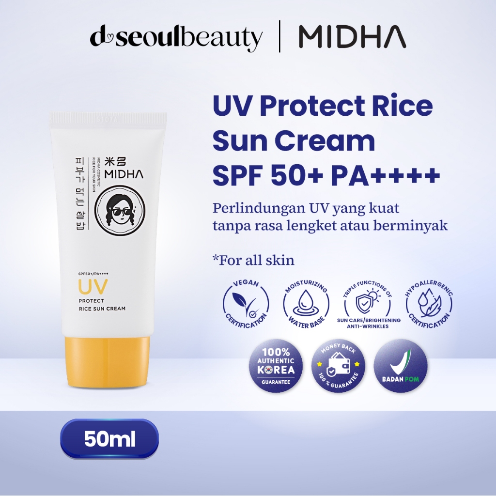 Jual MIDHA UV Protect Rice Sun Cream 50ml - Vegan sunscreen perawatan proteksi wajah berbahan ...