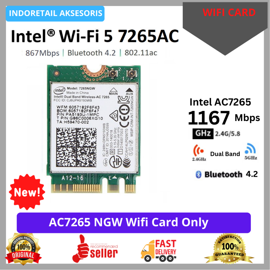 Jual [NEW 100%] Wifi Card Intel AC7265 NGW Very High Speed Wifi Card M2 NGFF Dual Band Bluetooth ...