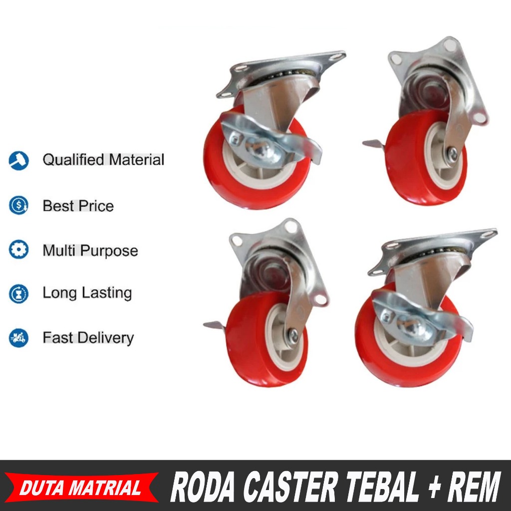 Jual Roda Caster Tebal Hidup Rem Set 2 inch / Roda Merah Nylon / Roda ...
