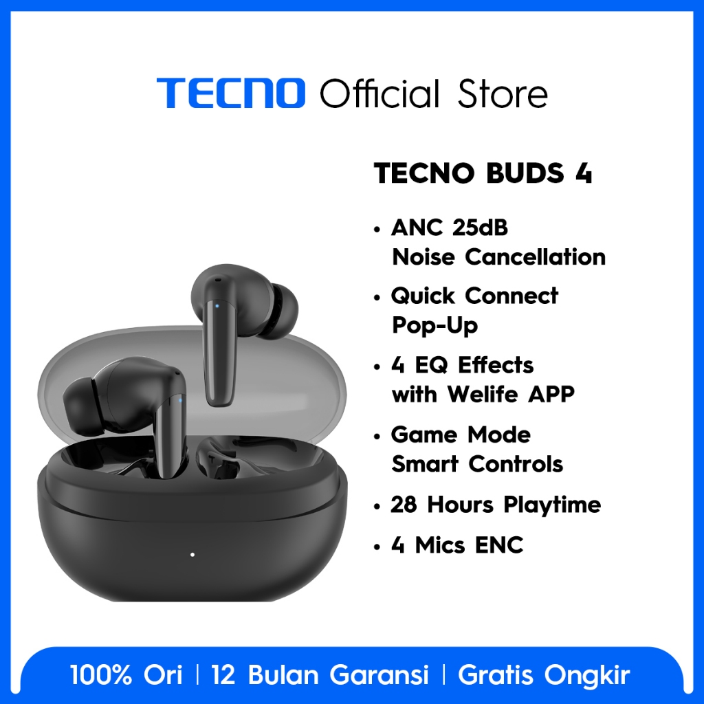 Jual TECNO TWS Buds 4 - 25dB ANC, Auto Connection Pop-up, Multi-EQ ...