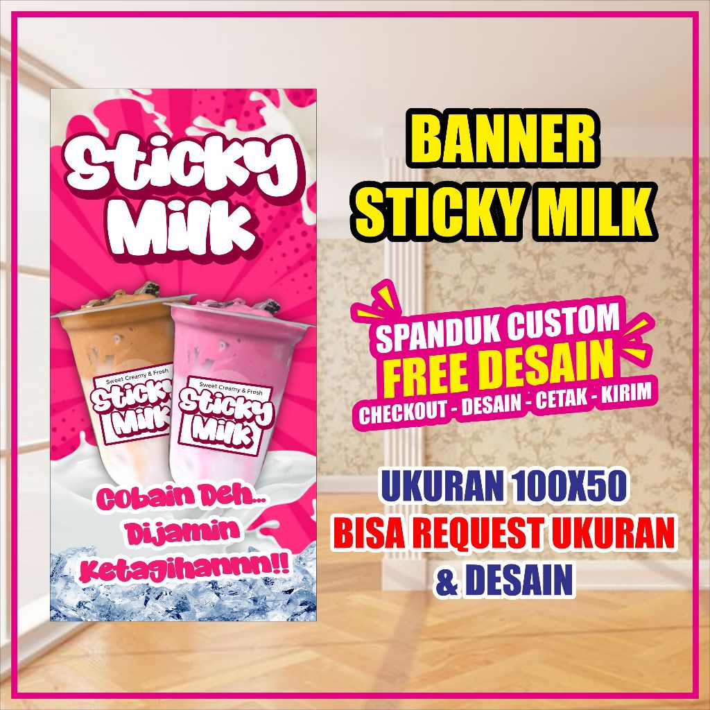 Jual Spanduk/Banner/Backdrop Jualan Minuman Sticky Milk Viral Desain Kekinian Ukuran 100x50 ...
