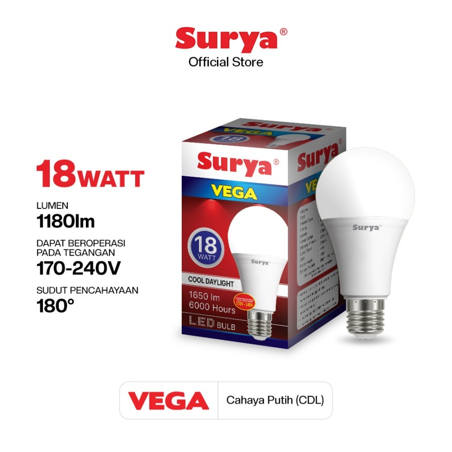 Jual Lampu LED Surya Vega Bohlam 18 Watt Cool Daylight Cahaya Putih sudah SNI | Shopee Indonesia