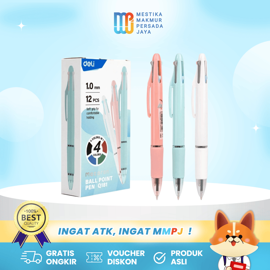Jual Deli Pulpen Ballpoint 4 Warna (Merah, Hitam, Biru, Hijau) - Pulpen ...
