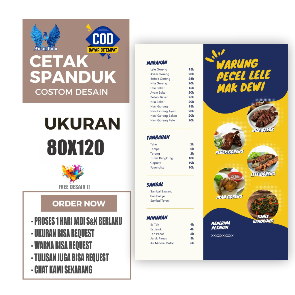 Jual Cetak Spanduk Banner DAFTAR MENU WARUNG PECEL LELE Ukuran 80X120 ...