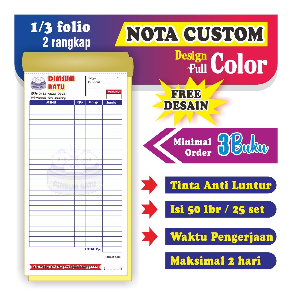 Jual Nota Custom Full Color ukuran 1/3 folio 2 rangkap bisa satuan ...