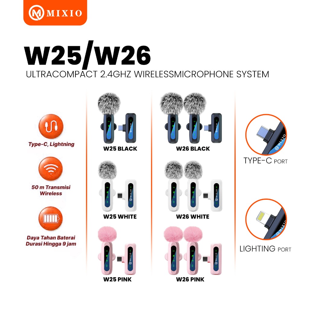 Jual MIXIO W25 W26 Wireless Microphone Mic Wireless Clip on Microphone ...