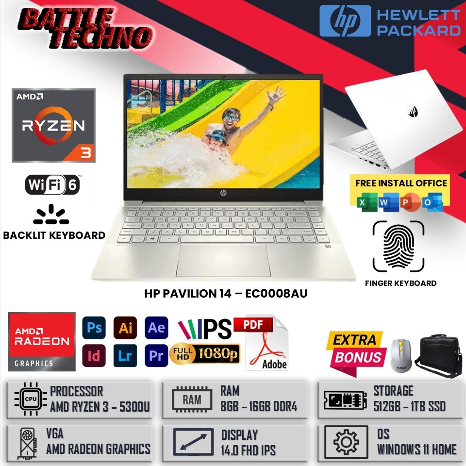 Jual Laptop Gaming HP Pavilion 14 Amd Ryzen 3 5300U 16GB 1TB SSD FHD ...