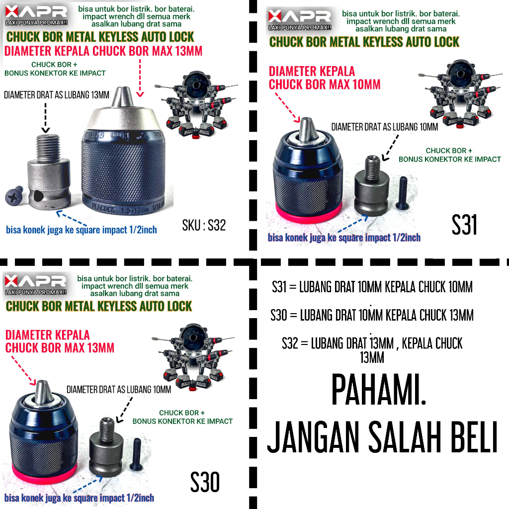 Jual APR KEPALA BOR DAN ADAPTOR DRILL CHUCK 10MM/13MM KEYLESS MESIN BOR ...