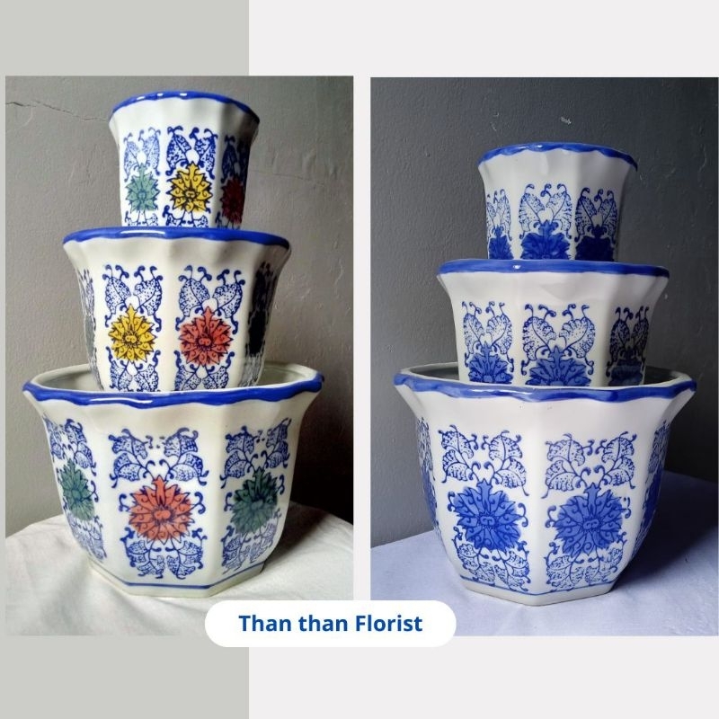 Jual 1 SET POT KERAMIK MOTIF BUNGA WARNA & BiRU PUTIH ISI 3 IMPOR MURAH ...