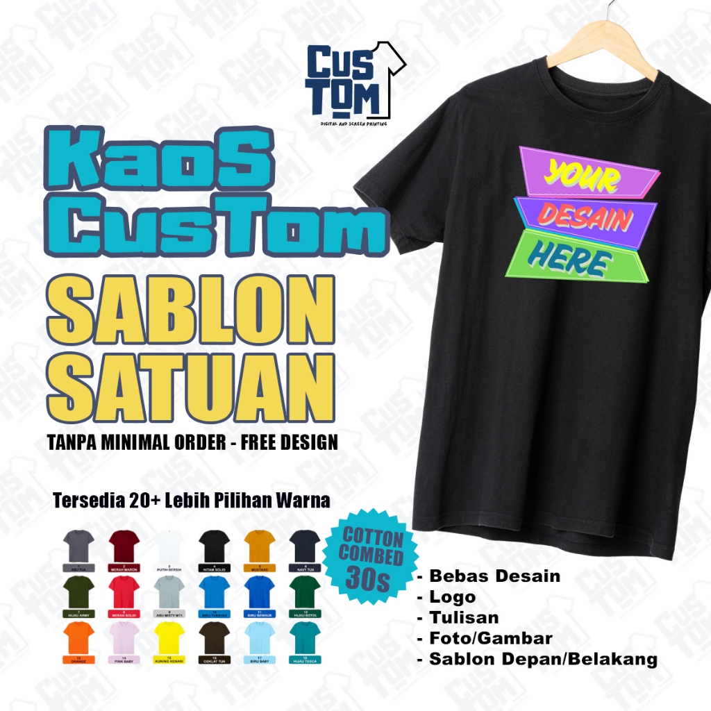 Jual Kaos Sablon Custom Satuan Bisa Cetak Foto/Gambar Tulisan Bebas Desain Cotton Combed 30s ...