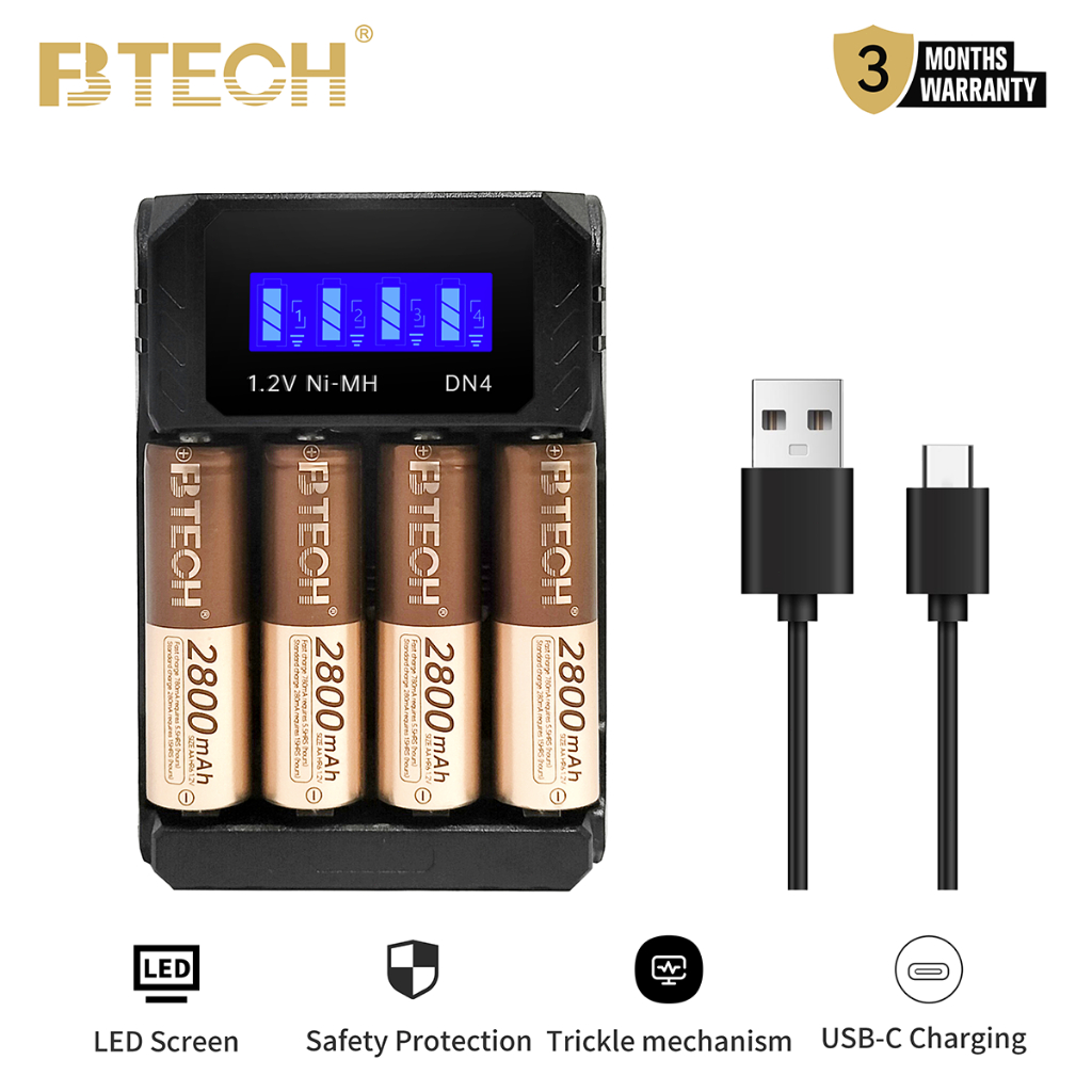 Jual BTECH Battery AA 2800 AAA1250 mAh 4 Pack With Smart LED Charger ...