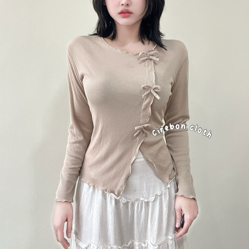 Jual KIYANA Cirebon Cloth - Riri Top / Long Sleeve Ribbon Coquette Knit Top / Atasan Knit Lengan ...