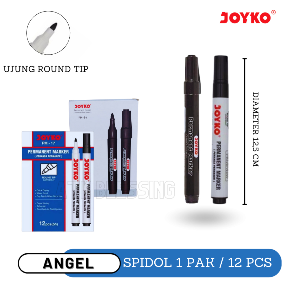 Jual [ 1 PAK 12 PCS ] Permanent Marker Spidol Permanen Round Tip Joyko ...