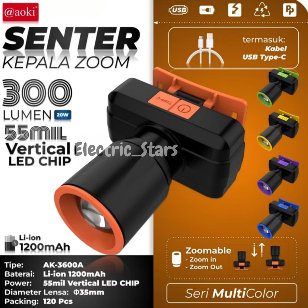 Jual Aoki Headlamp / Senter Kepala Zoom 20W 300LM AK-3600A Cahaya Putih ...