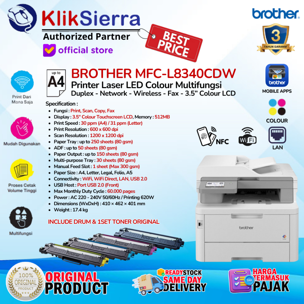 Jual BROTHER MFC-L8340CDW Printer All in One Laser LED Colour Wireless ...