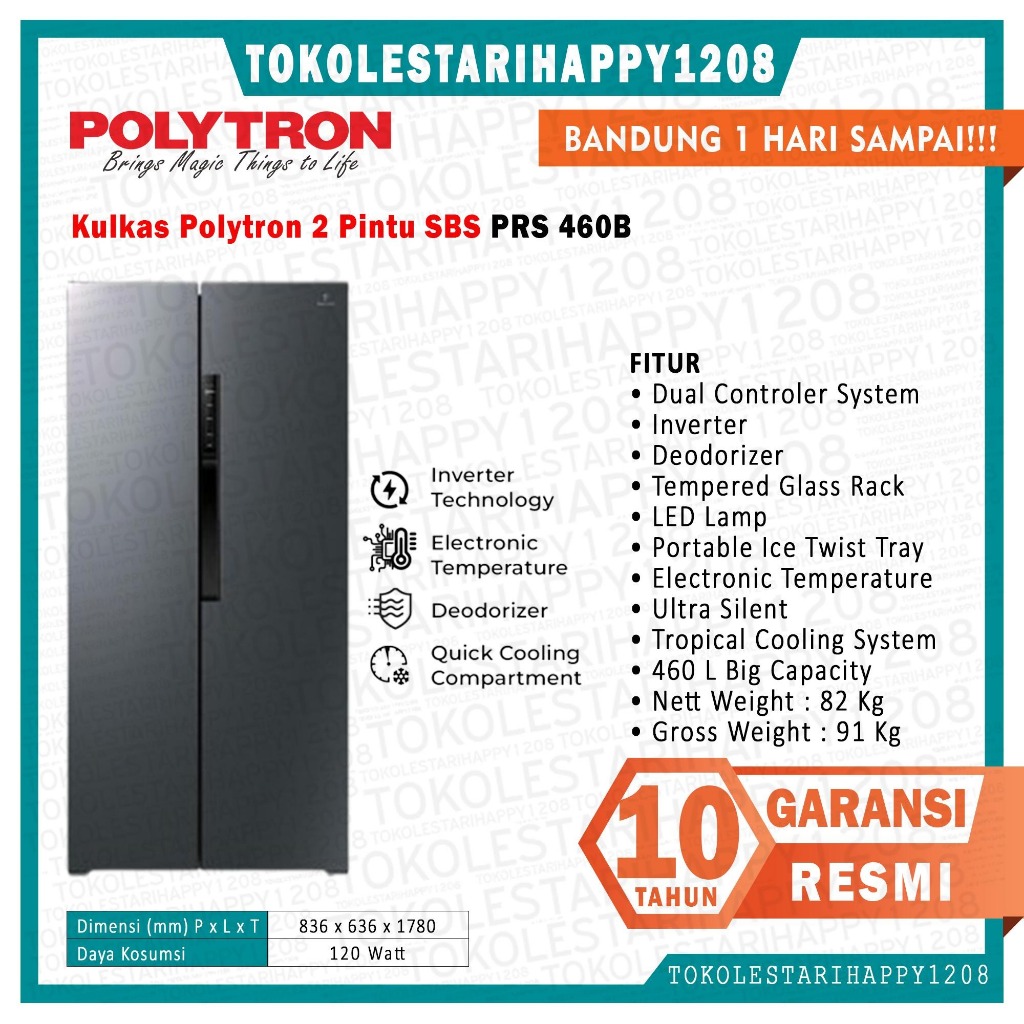 Jual KULKAS SIDE BY SIDE POLYTRON 460 LITER PRS-460B PRS 460 GARANSI ...