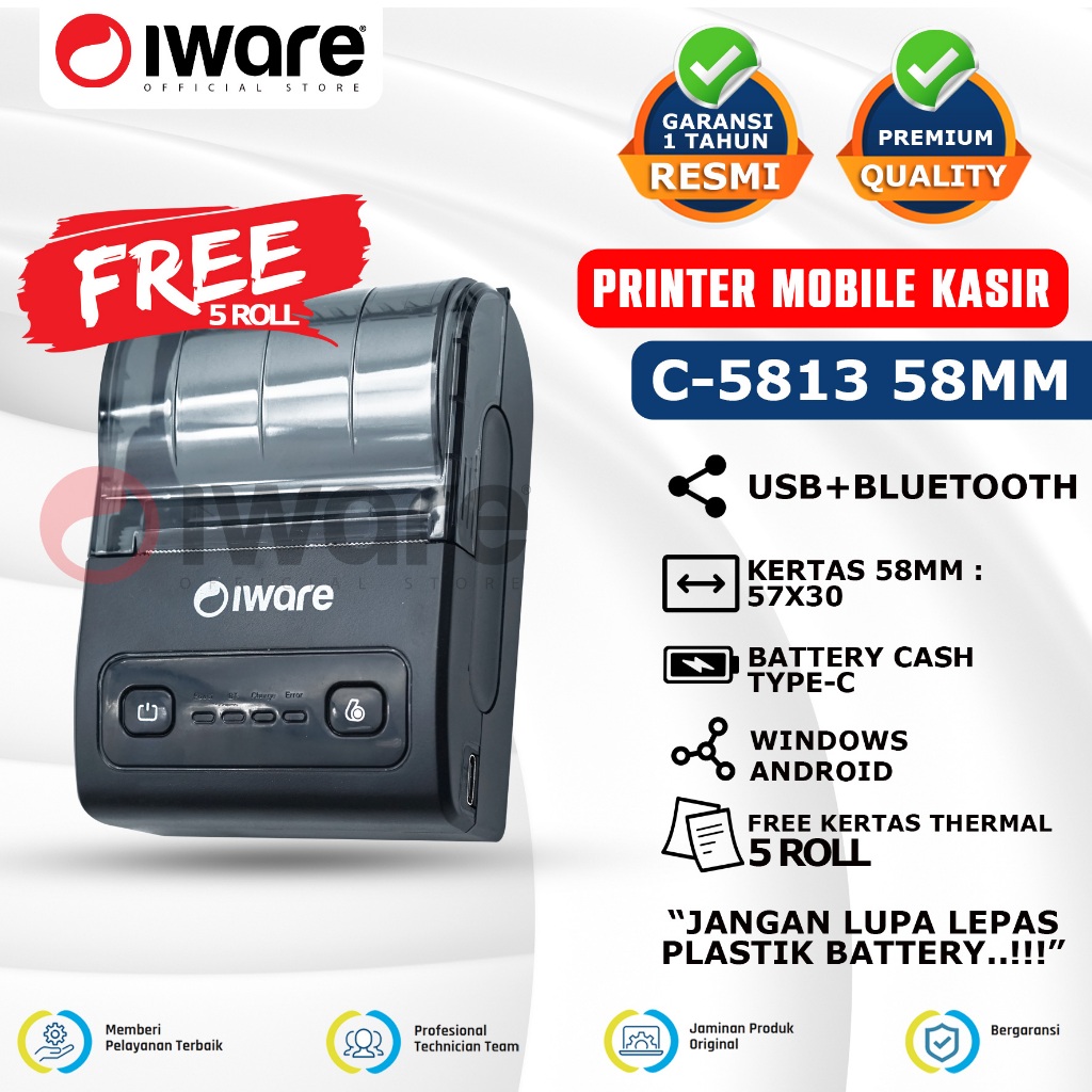 Jual Iware Printer Kasir PPOB C-5813 Usb + Bluetooth 58mm Portbale Windows Android | Shopee ...