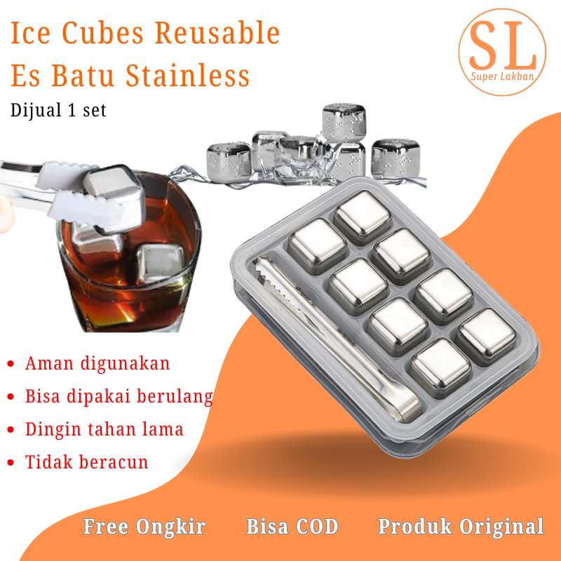 Jual Es Batu Stainless Pendingin Minuman Ice Cubes Reusable Isi 8 PCS ...