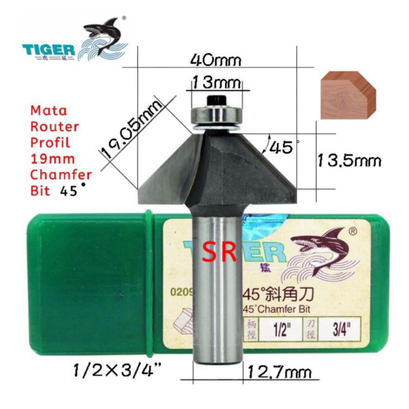 Jual Mata Router/ Profil 19mm As 1/2 × 3/4 Chamfer Bits 45 Derajat ...