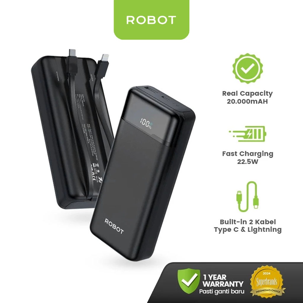 Jual ROBOT Powerbank Fast Charging 20000mAh 22.5W 2 Built in Cable Type ...