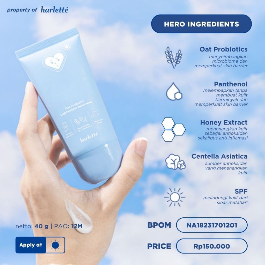Jual Harlette Oat Probiotic Lightweight Sunscreen SPF 50 PA ...