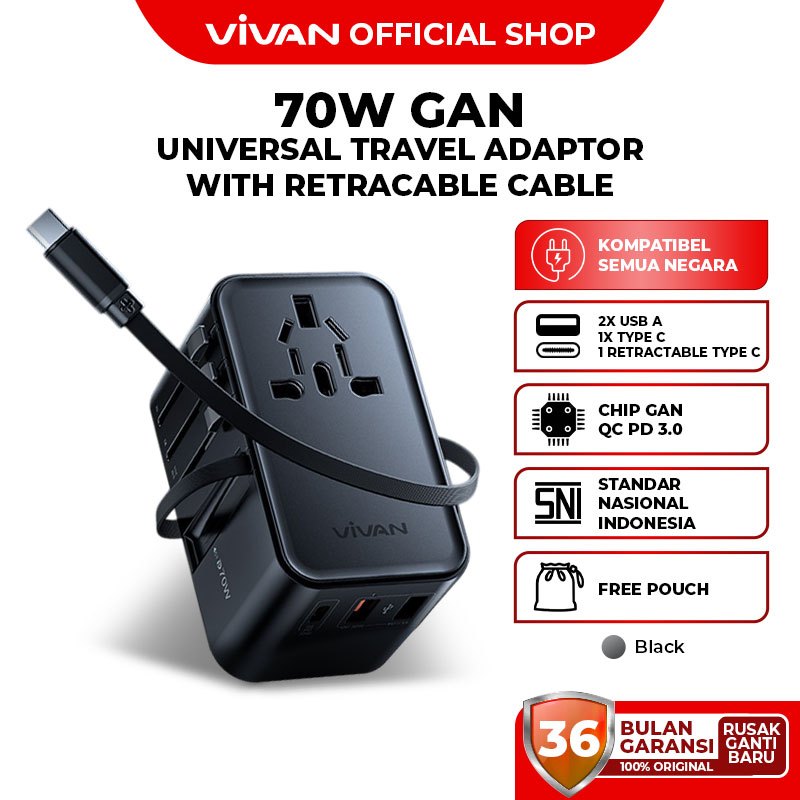 Jual VIVAN Travel Adaptor VPS-T006A | 70W GaN 10A PD QC 3.0 | Retractable Cable Type C | 5 ...