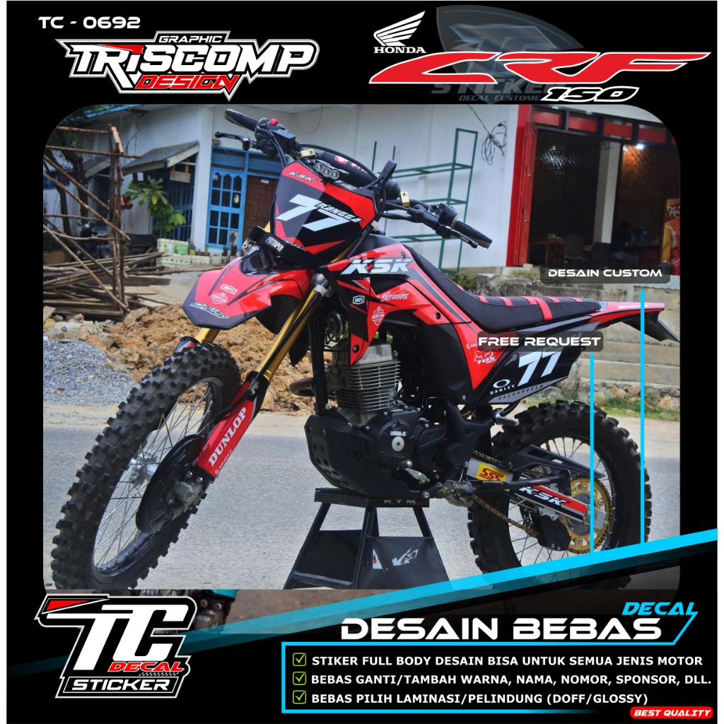 Jual Sticker Decal CRF 150 L fullbody motif simpel warna merah hitam ...