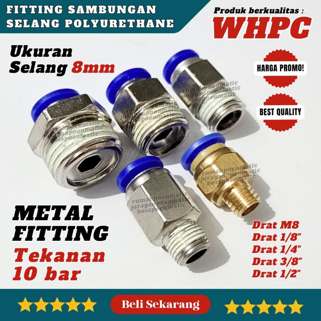 Jual PC 8-02 Nepel Fitting Metal Sambungan Selang Polyurethane Selang ...