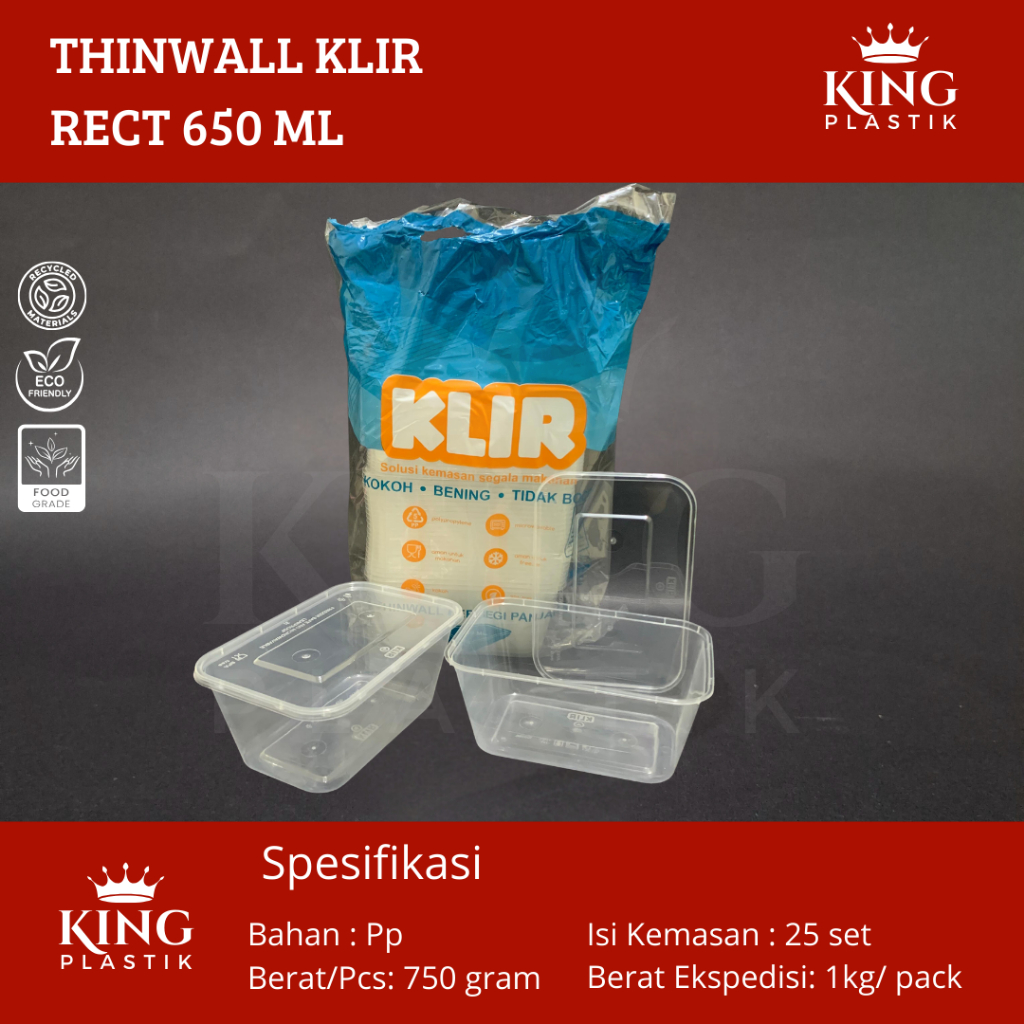 Jual Thinwall Klir 650ml Rectangle | Kotak Makan Plastik 650ml KLIR RECTANGLE REC @25set ...