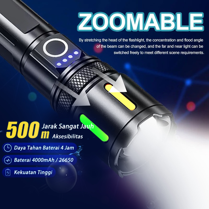Jual Senter LED Super Terang Jarak Jauh 90000 Lumens USB-C Lampu Senter ...