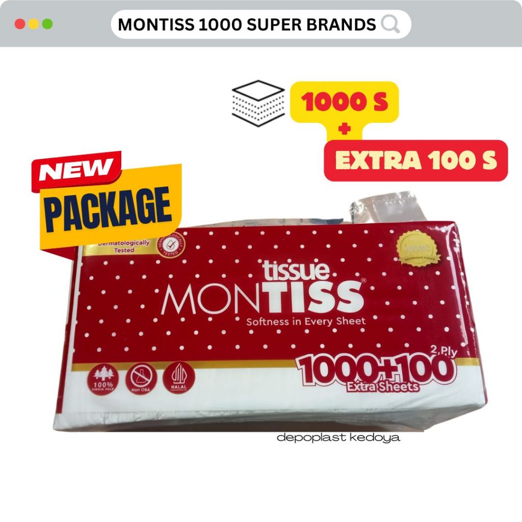 Jual Tissue Facial Montiss 1000 + 100 Sheets - 2 Ply, Tisu Montiss ...