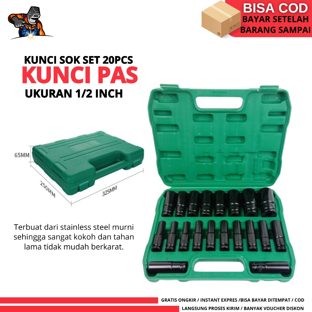 Jual 20PCS Impact Wrench Socket 1/2 Inch 8-32MM Mata Sok Panjang Deep ...