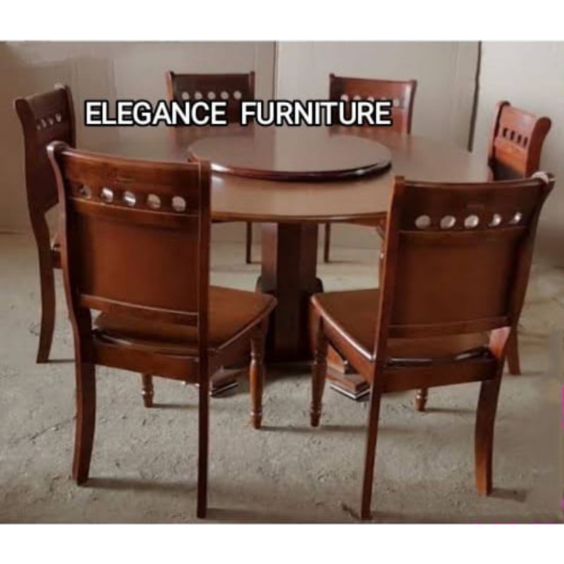 Jual Meja Makan Kayu Bulat + Putaran 6 Kursi PEKANBARU saja | Shopee ...