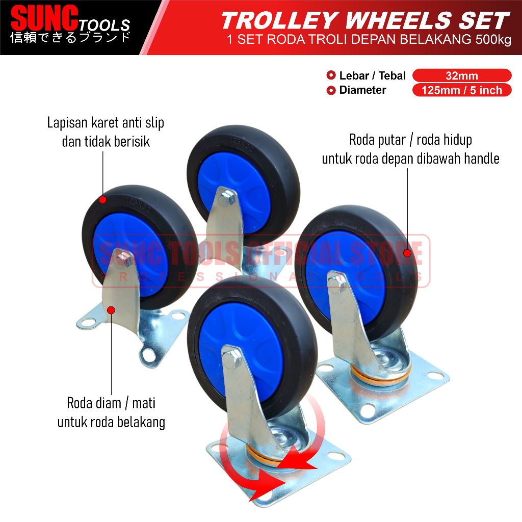 Jual Roda Troli 5 inci 500kg 1 Set Heavy Duty Roda Ban Troly Trolley ...