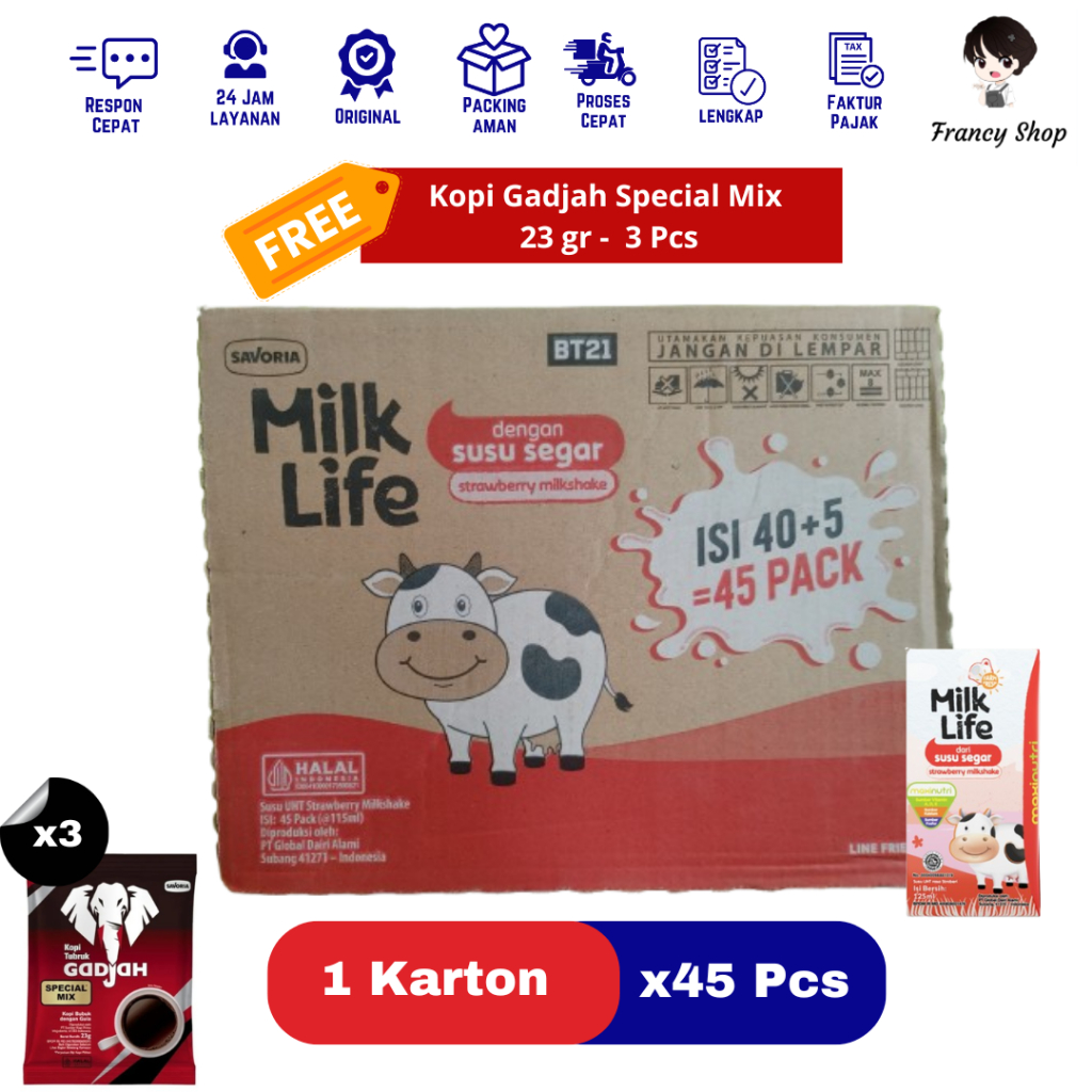 Jual Paket Murah Milk Life Susu Segar Strawberry 115 ml 1 Karton 45 Pcs ...