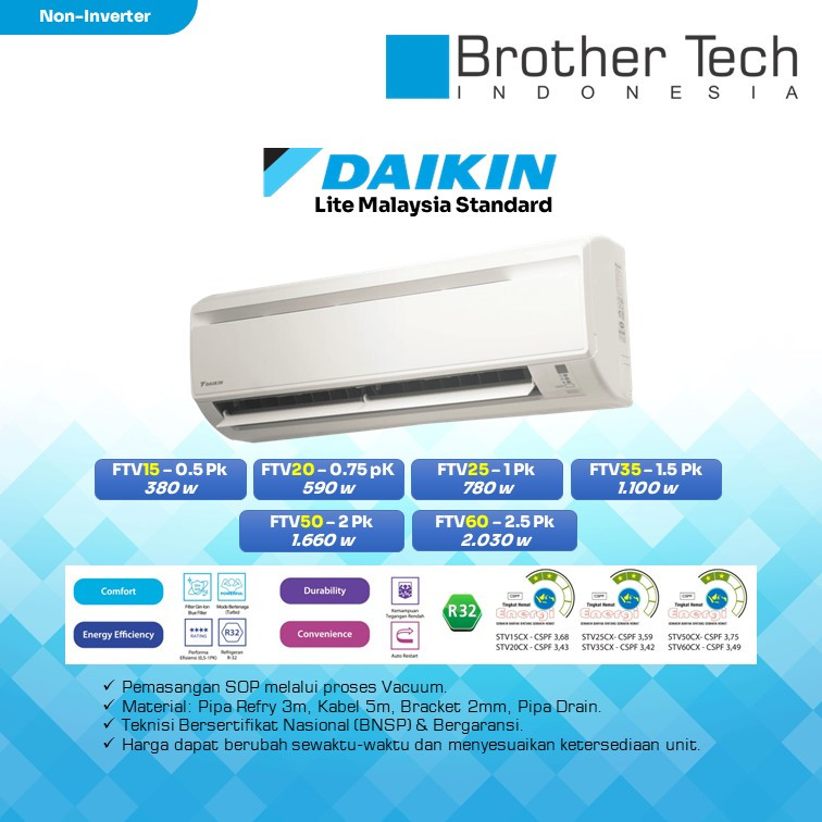 Jual DAIKIN 0,5 PK FTV15CXV14 | NON-INVERTER | MALAYSIA LITE | TURBO MODE | MURAH DAN BERGARANSI ...