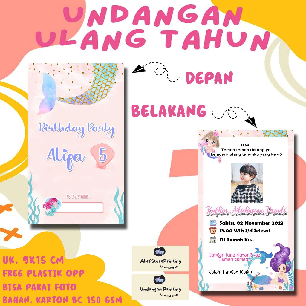 Jual Undangan Karakter MERMAID 3 ( 30 PCS / 50 PCS ) / Undangan ulang ...