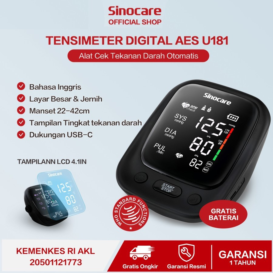 Jual Sinocare AES-U181 Tensimeter Digital Dengan Suara Blood Monitor Pressure With Voice ...