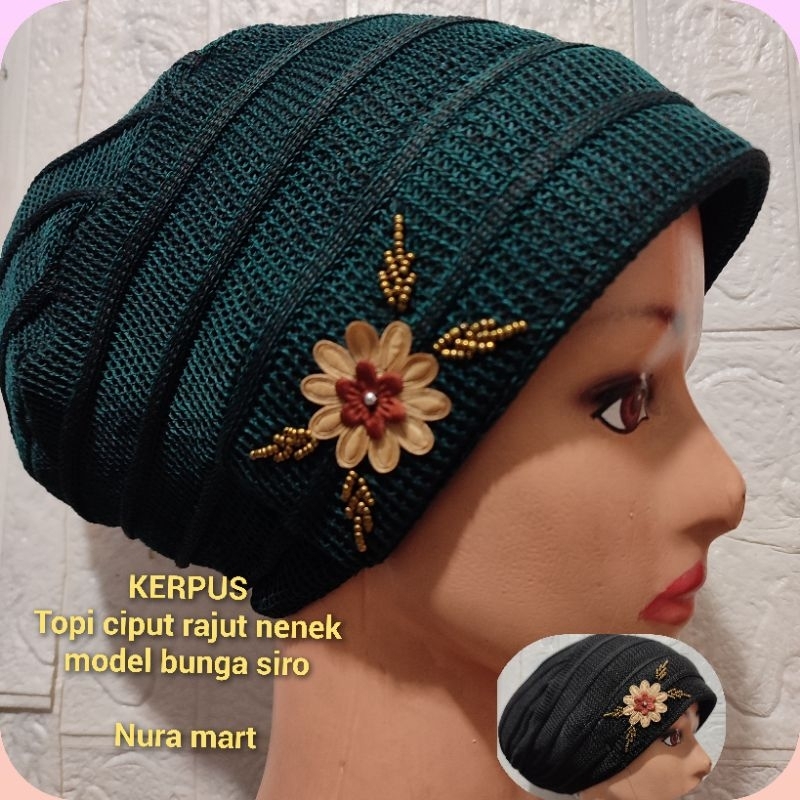 Jual ciput kupluk rajut nenek/turban kekinian motif bunga siro payet ...