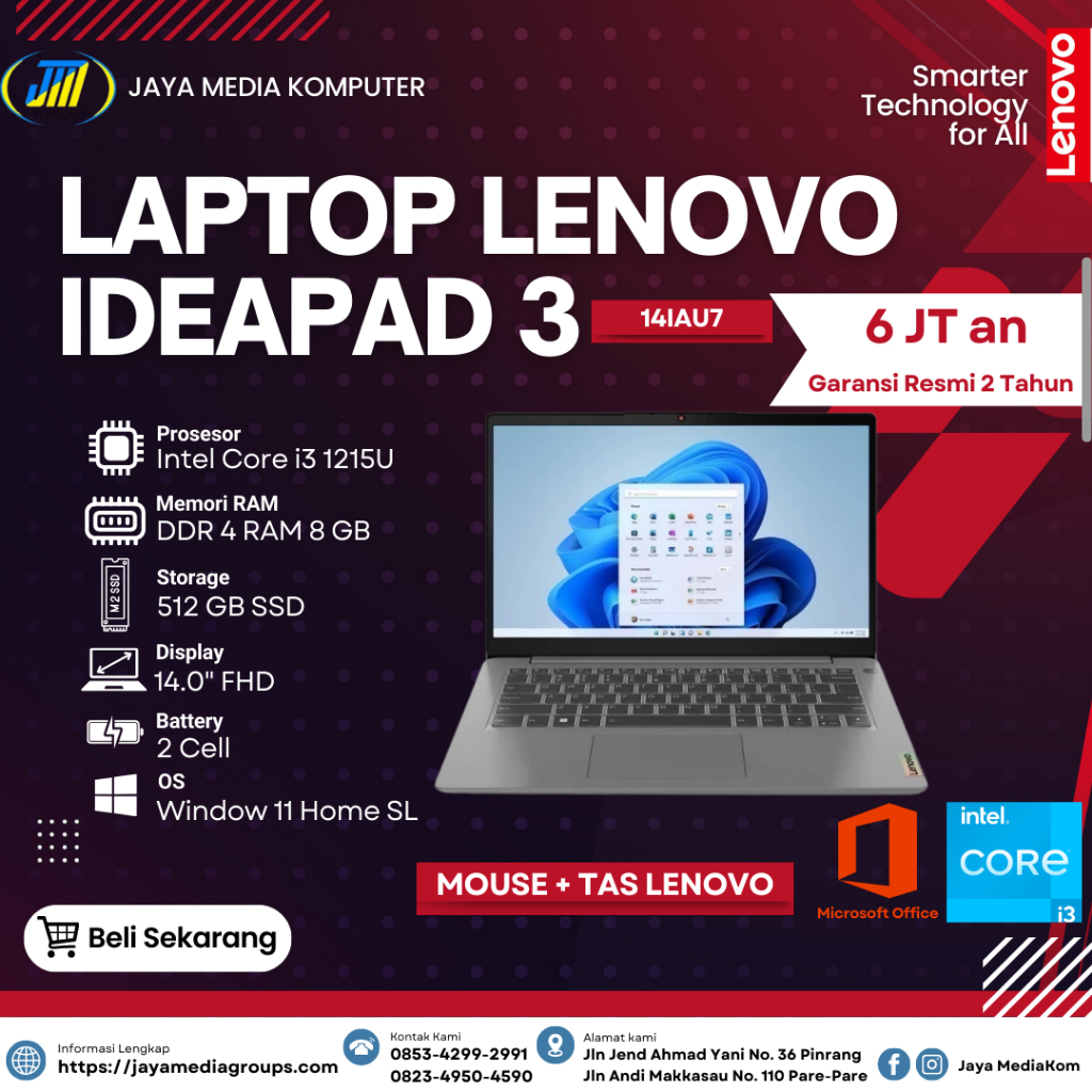 Jual Laptop Lenovo IdeaPad 3 14IAU7 Intel i3 1215U RAM 8GB 512GB 14 ...