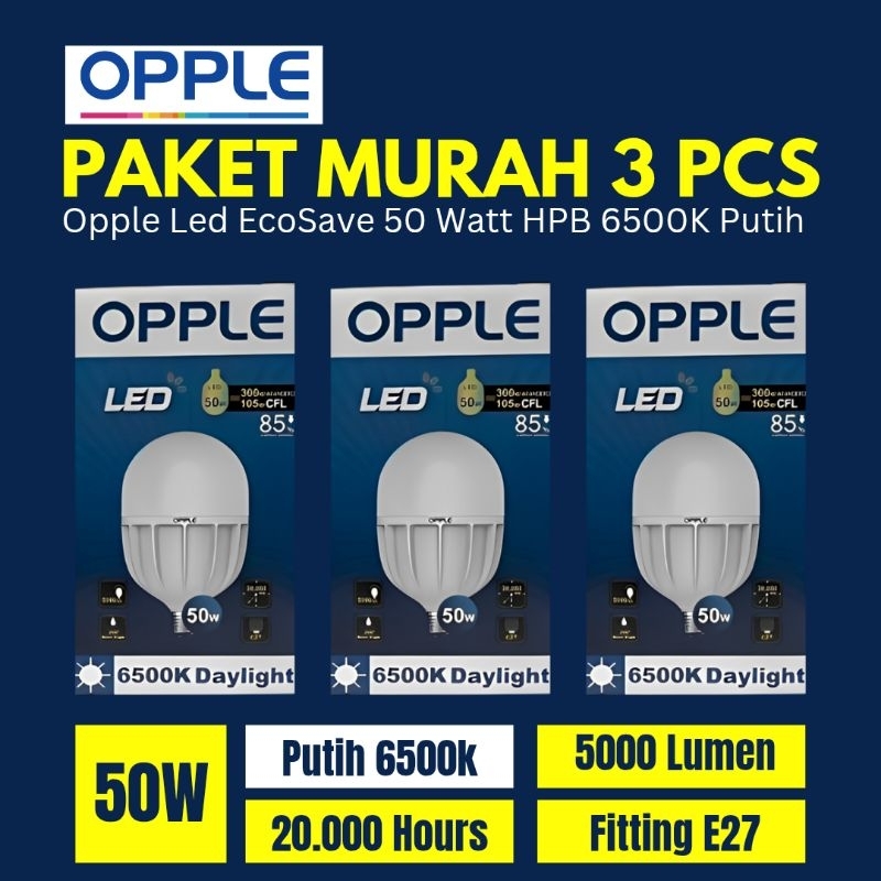 Jual Lampu Led Opple 50W Cahaya Putih 6500K Garansi 1 Tahun Bolham Paket 3Pcs | Shopee Indonesia