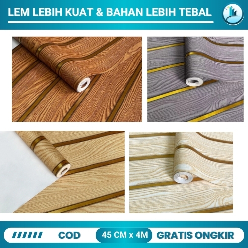 Jual Wallpaper Stiker Dinding 3D Motif Kayu Panel List Gold Walpaper ...