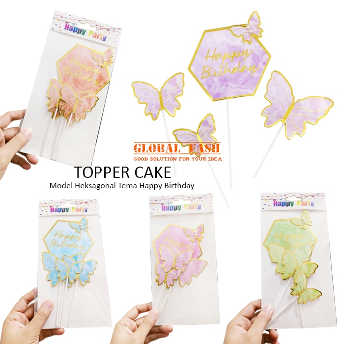Jual Topper Cake HBD Kupu Kupu Heksagonal / Hiasan Kue Topper HBD kupu ...