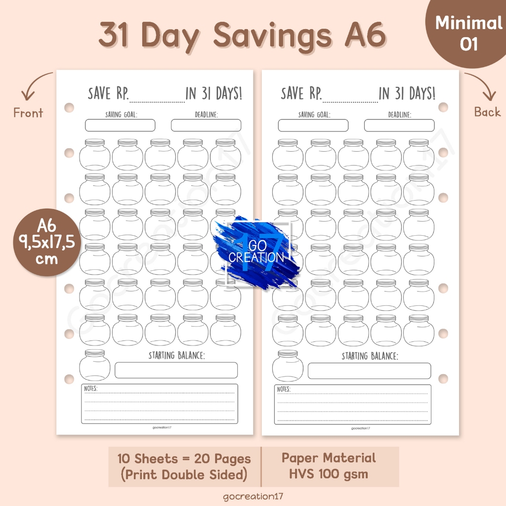 Jual Buku Planner Kertas Isi Binder 31 Day Saving Challenge Tantangan Nabung Simple Minimalis A6 ...