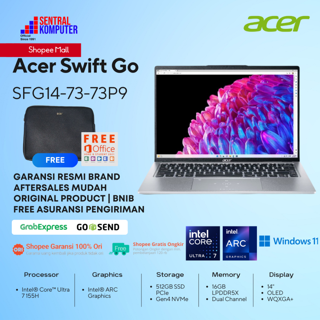 Jual ACER SWIFT GO OLED SFG14 ULTRA 7 155H 16GB 512GB W11+OHS 14" 2.8K ...