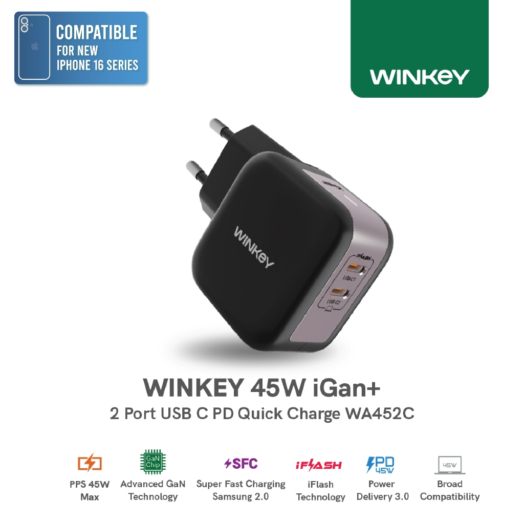 Jual WINKEY Charger iGan+ 45W 2 Port PD PPS USB C - WA452C | Shopee ...