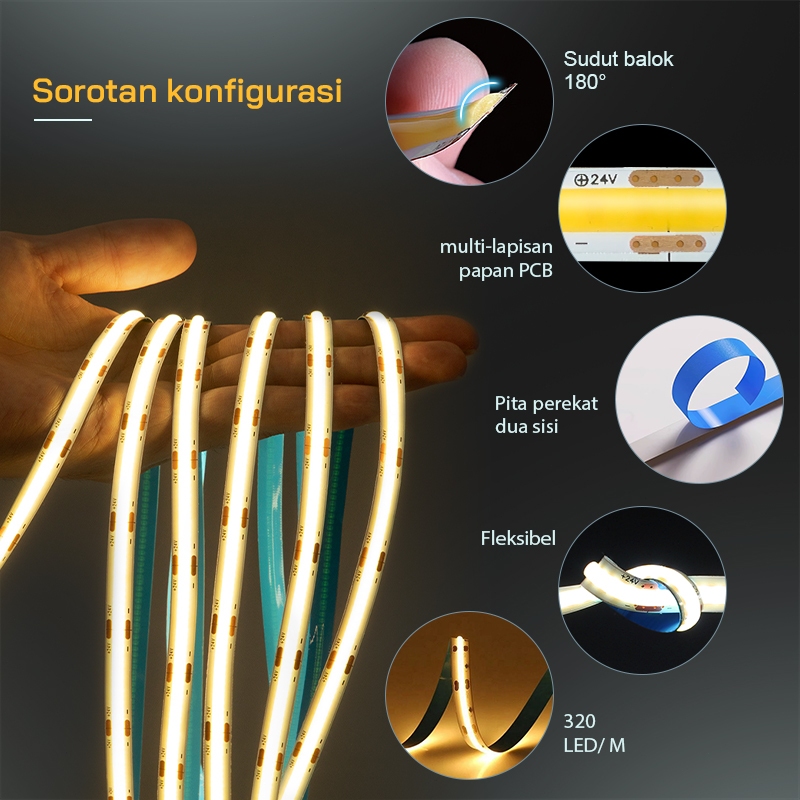 Jual LED STRIP COB 24V 1600LED 5M 12W/M 320 LED 12 WATT PER METER IP33 ...