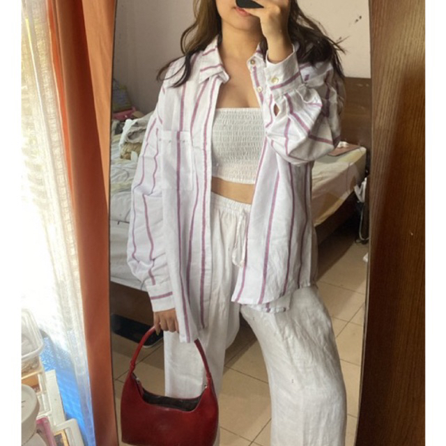 Jual Linen Stripes Oversized-Shirt | Shopee Indonesia