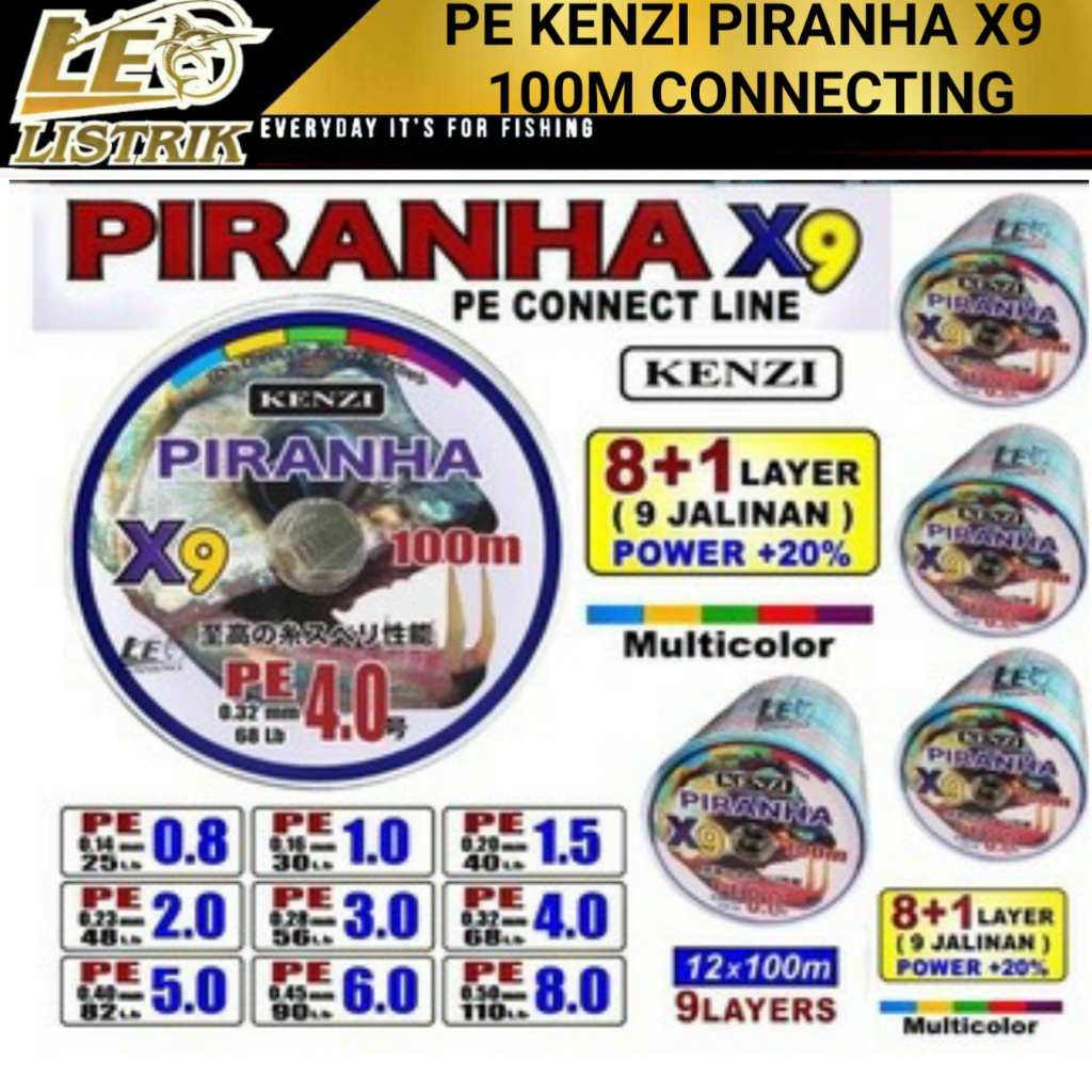Jual PE KENZI PIRANHA X9 TERLARIS PANJANG 100M SIZE 0.8 1.0 2.0 3.0 4.0 5.0 6.0 8.0 MULTICOLOR ...